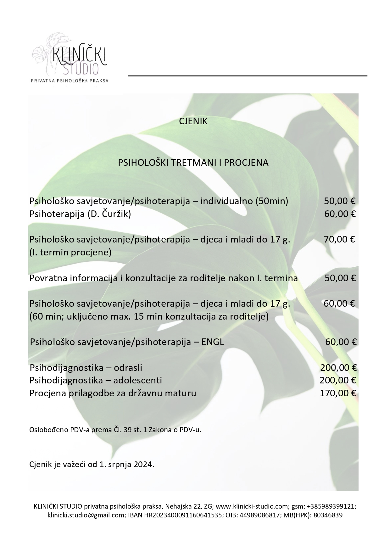 Klinički studio - Cjenik