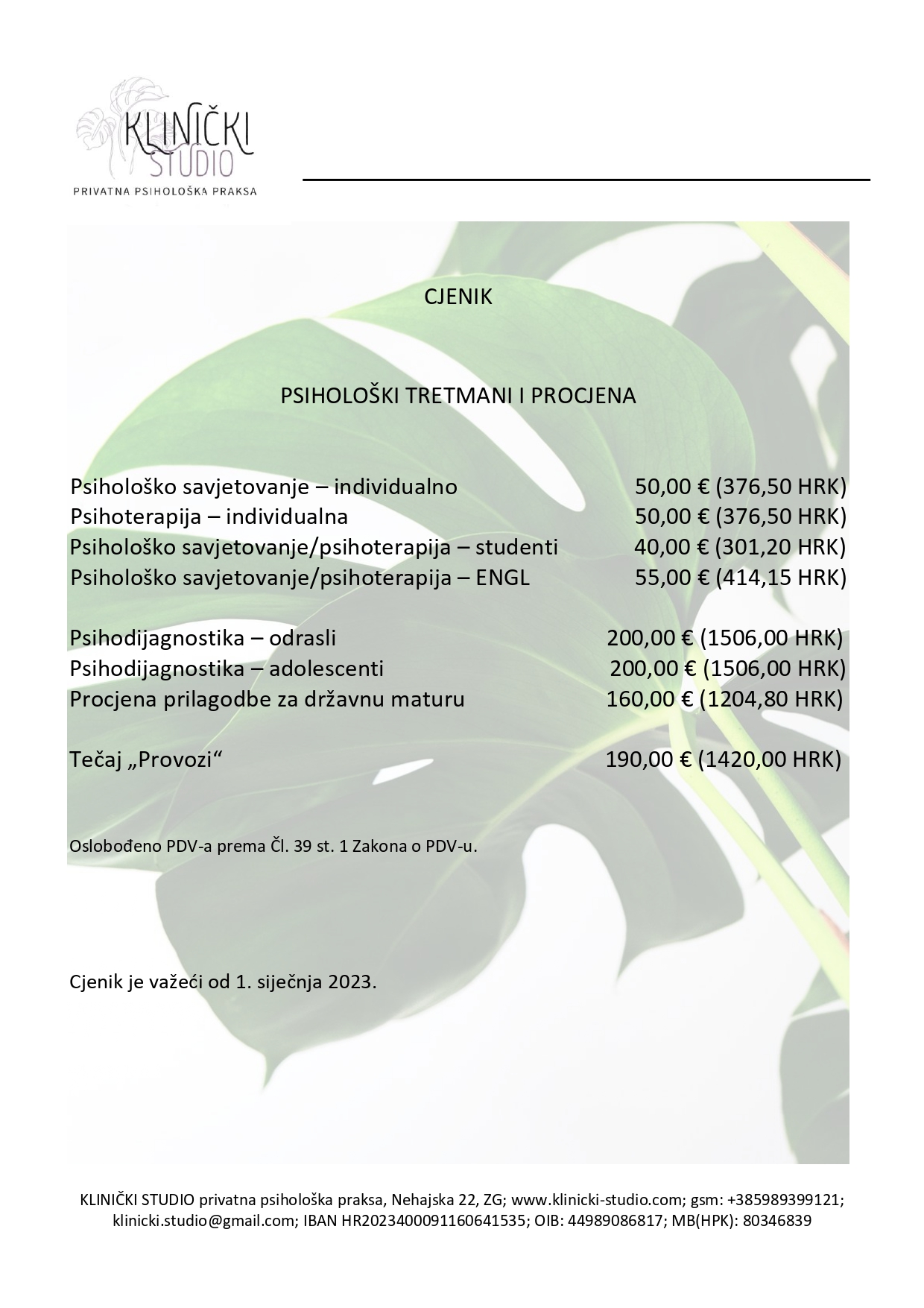 Klinički studio - Cjenik